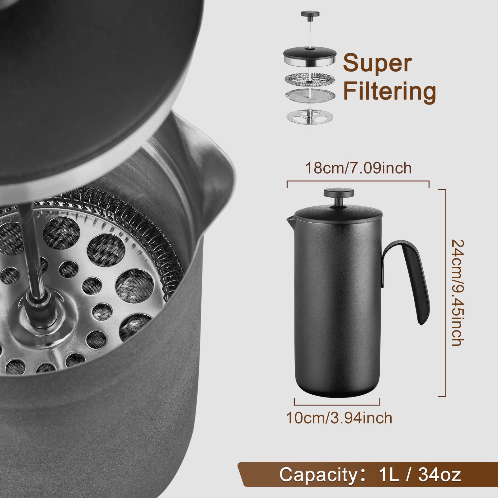 Fityou French Press Coffee Maker, Insulated 304 Grade Stainless Steel Insulated Coffee Press with 4 Level Filtration System, Keep Warm for 8 Hours, 34oz (1 Litre)