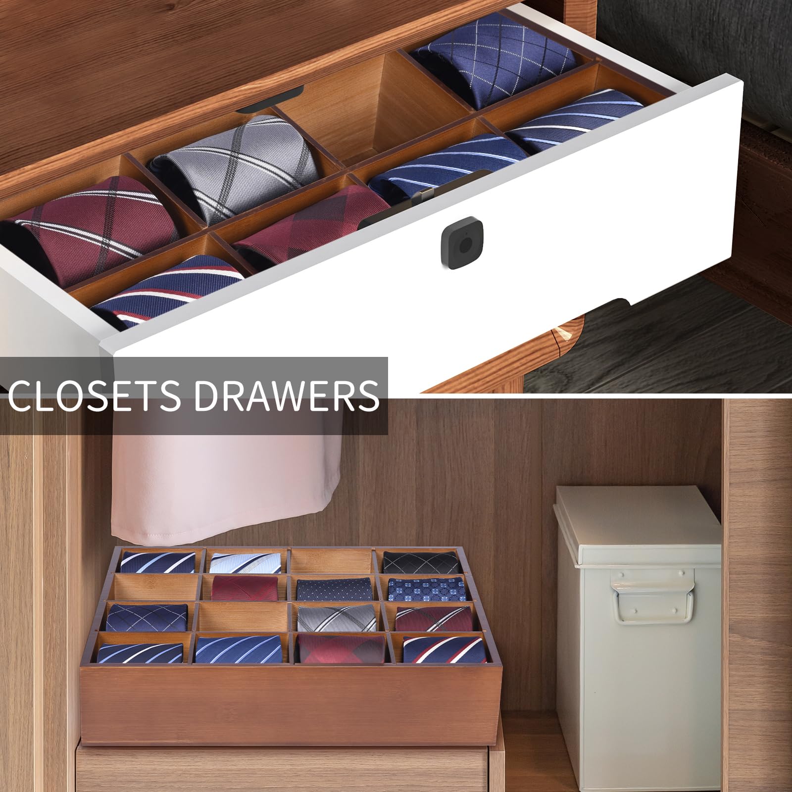 Ribgwo Tie Organizer Wall Mounted Tie rack,Tie box for Men,Tie Storage Box Organizer with 16 Compartments,Tie Display Racks for Bedroom, changing room, Men Wardrobe