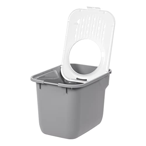 IRIS USA Square Top Entry Cat Litter Box, Large Kitty Litter Tray with Litter Catching Lid Less Tracking Dog Proof and Privacy Walls, Gray/White