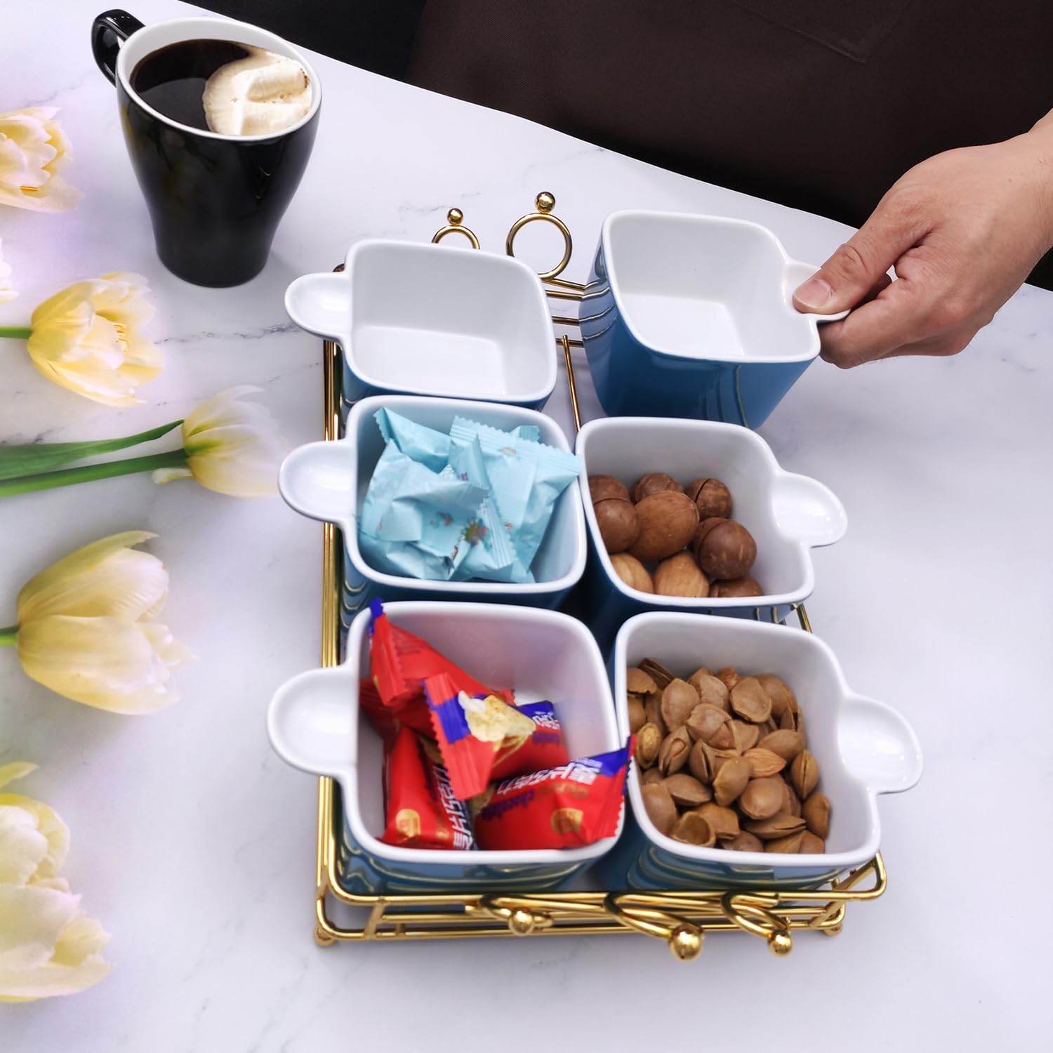 Creativity Home Ceramic With Handle Bowl Metal Tray, 6 Removable dip bowls are used for appetizers, potato chips, fruits, candies, and condiments,birthday parties Holiday, White 6- grid