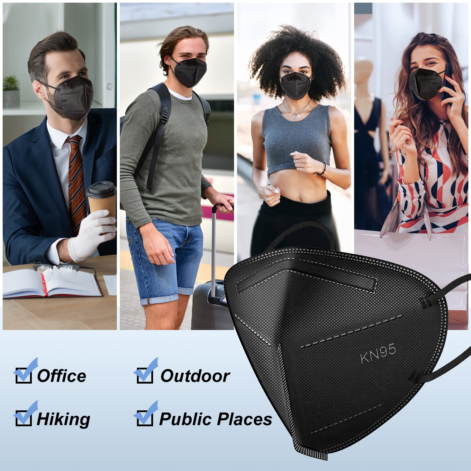 Eventronic KN95 Face Mask 50 Pack, 5-Layer Breathable Cup Dust Mask with Elastic Earloop and Nose Bridge Clip,Air Pollution, Black (Not for Kids)