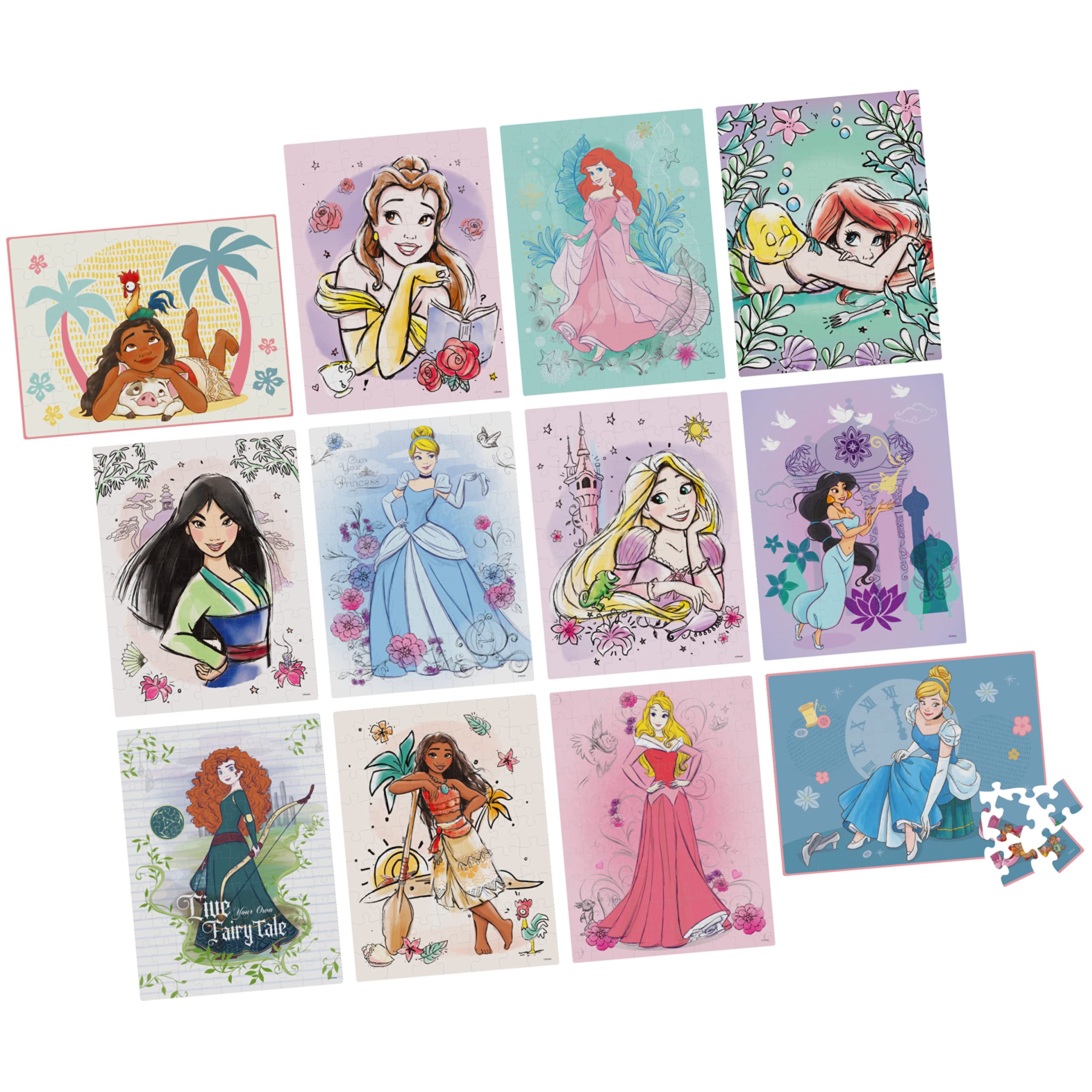 Disney Princess, 12-Puzzle Pack 48-Piece 63-Piece 100-Piece Jigsaw Puzzles For Kids Ariel Moana Cinderella Jasmine, For Preschoolers Ages 4 And Up