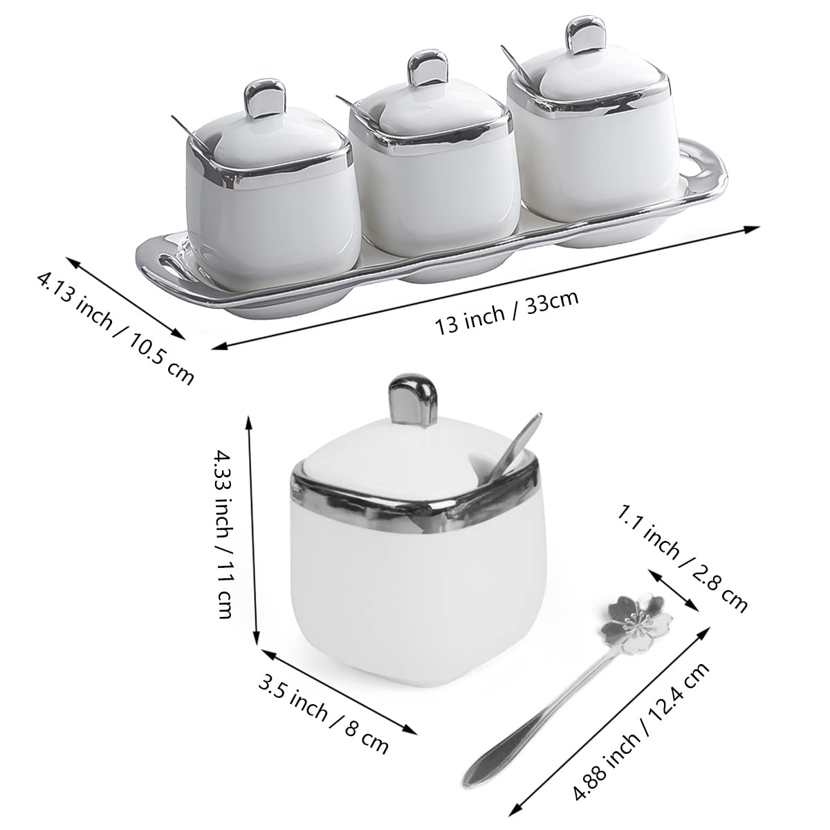 Fvstar Ceramic Sugar Bowls 3pcs Porcelain Seasoning Pots with Spoons,Lid and Tray Kitchen Spice Canister Jar Set Countertop Condiment Container for Sugar,Pepper,Coffee,Spice,Salt (White)
