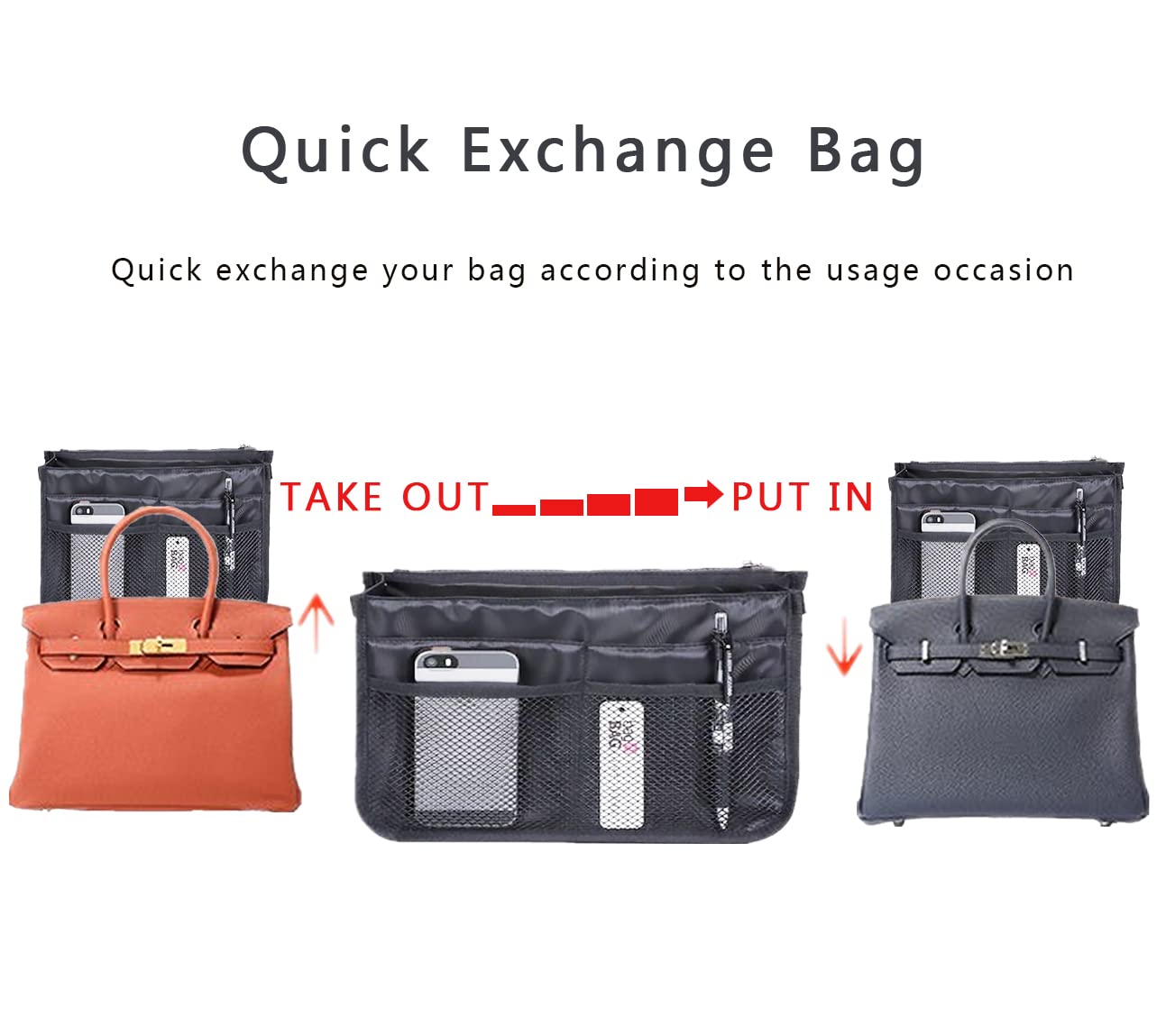 Hongmeru Purse Organizer Insert for Handbags, Tote Bag Organizer Insert with 11 Pockets, Bag Organizer for Tote with Handle, Nylon, Foldable, Tote Organizer Insert with Metal Zipper and Hook Black