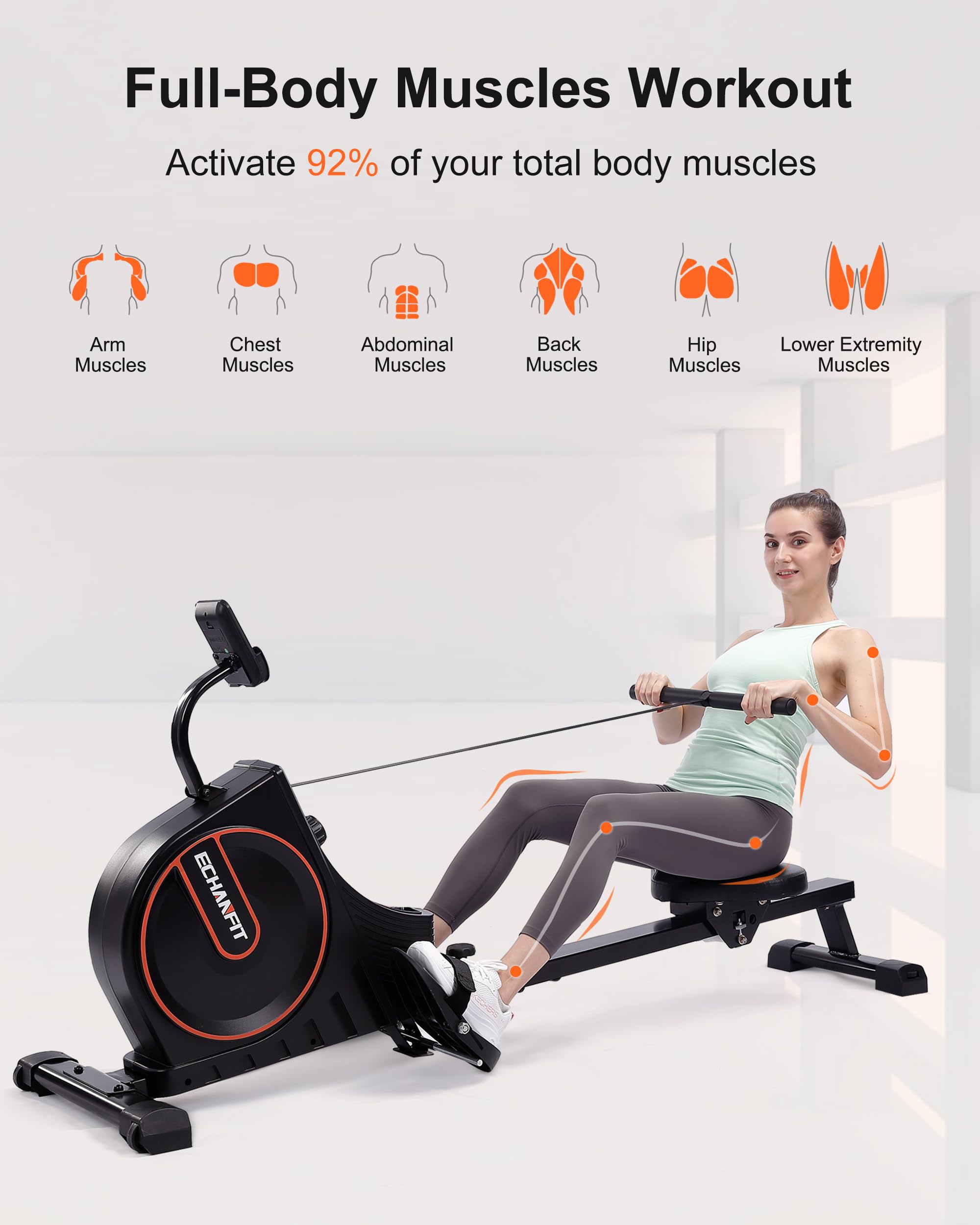 ECHANFIT Magnetic Rower Rowing Machine for Home Use Foldable w/16 Level of Quiet Magnetic Resistance with LCD Monitor and Adjustable Console Angle for Cardio Training (CR49)