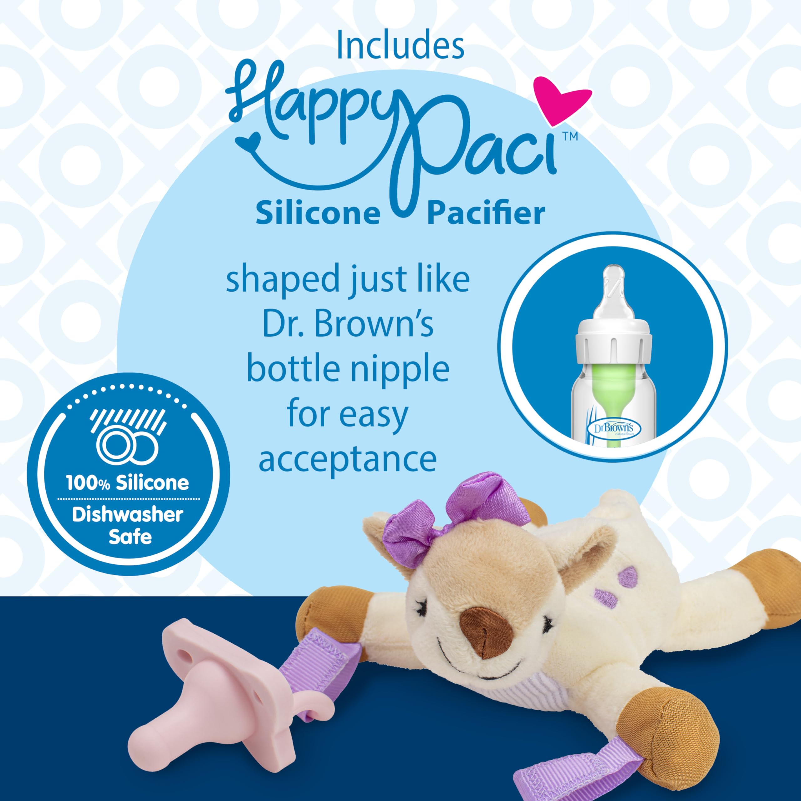 Dr. Brown’s Lovey Pacifier and Teether Holder with HappyPaci Silicone Pacifier, Sloth, Lion, Triceratops Variety Pack 0-6m