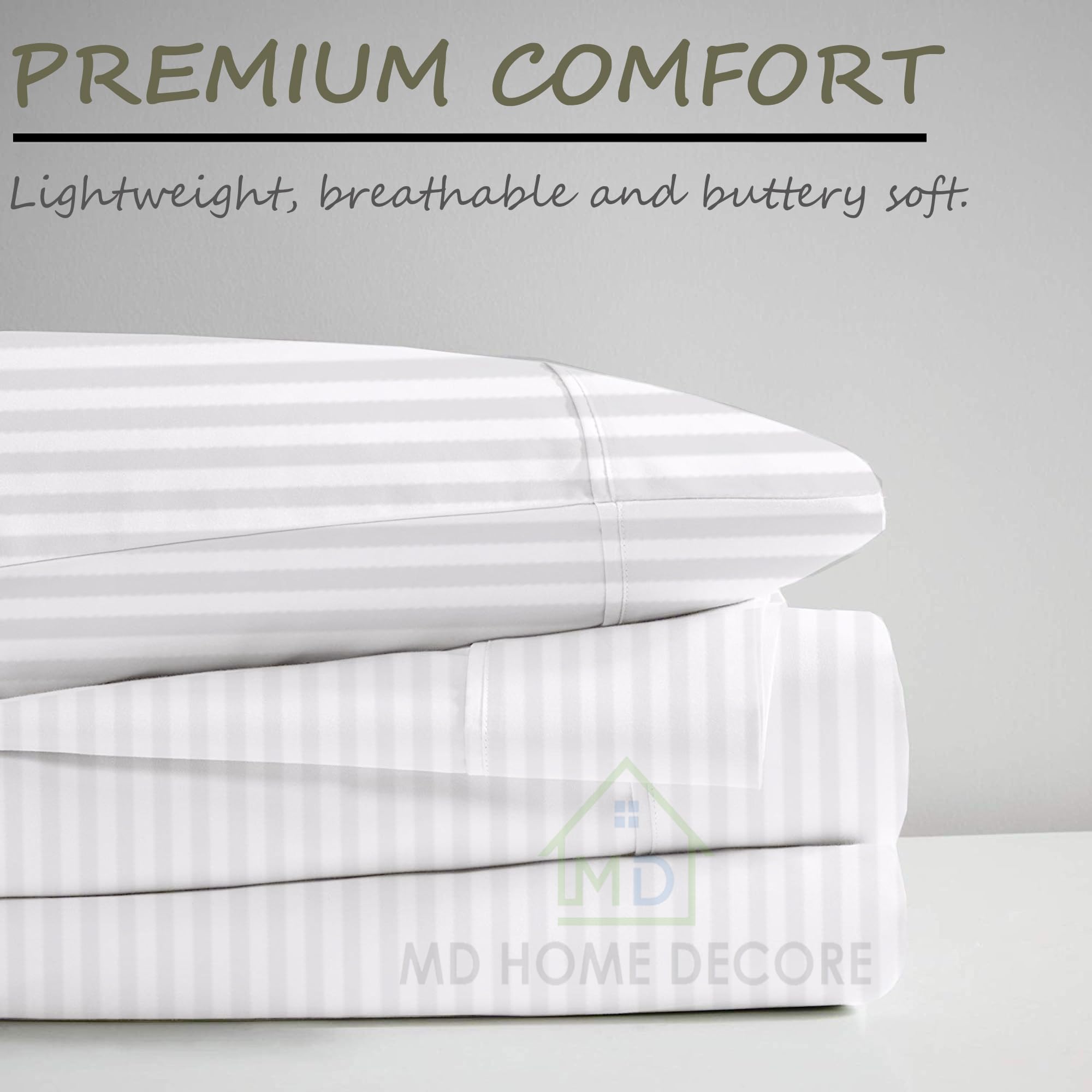 Extra Deep Pocket Sheets (4-Piece) 100% Egyptian Cotton 400 Thread Count Bed Sheet Set 22 inch Deep Pocket of Fitted Sheet with Elastic All Around (Queen, White Stripe)