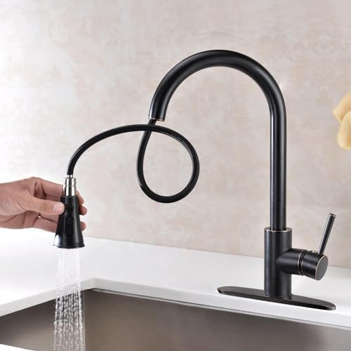 Kitchen Faucet with Deck Plate, Single Handle Solid Brass, Pull Out Sprayer Kitchen Sink Faucet Oil Rubbed Bronze, High Arc Pull Down Kitchen Faucet