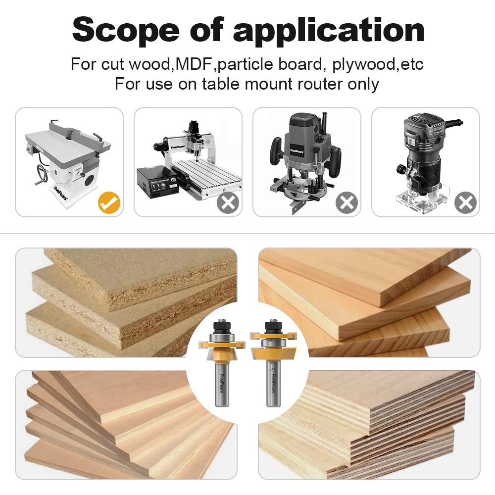 Fivepears Shaker Rail and Stile Router Bits Set 1/2 Inch Shank, 3/8 Inch Cutting Depth, Up to 7/8 Inch Stock, Shaker Style Router Bit for Making Kitchen Cabinet Door Wood Flooring Raise Panel.
