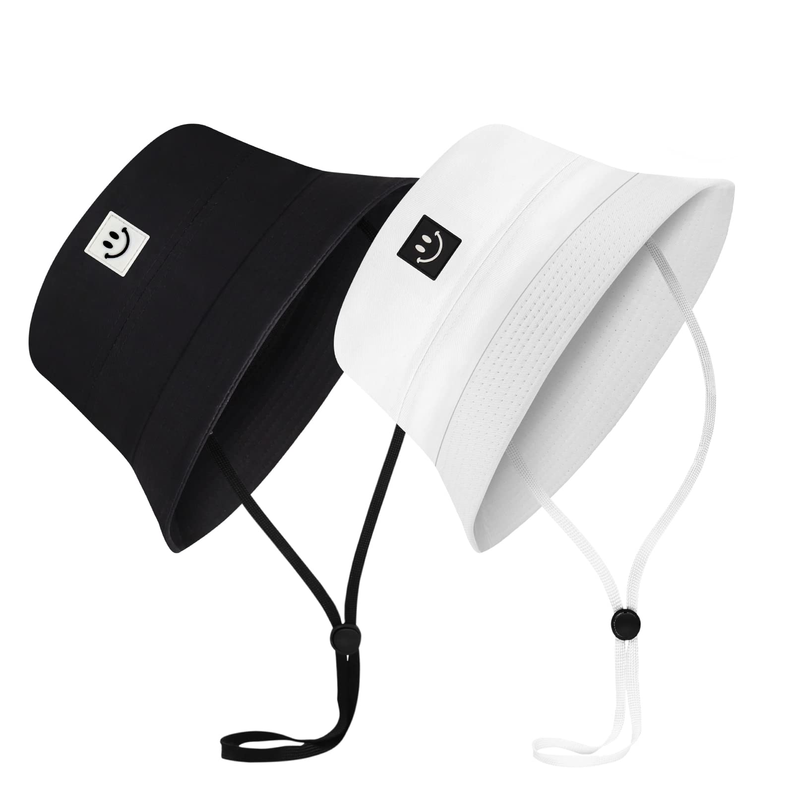 DeDary Unisex 100% Cotton Smiley Face Bucket Hats with Strings, Aesthetic Summer Travel Beach Sun Hat for Women, Packable Cute Visor Outdoor Cap for Men - 2pack White/Black Smiley face