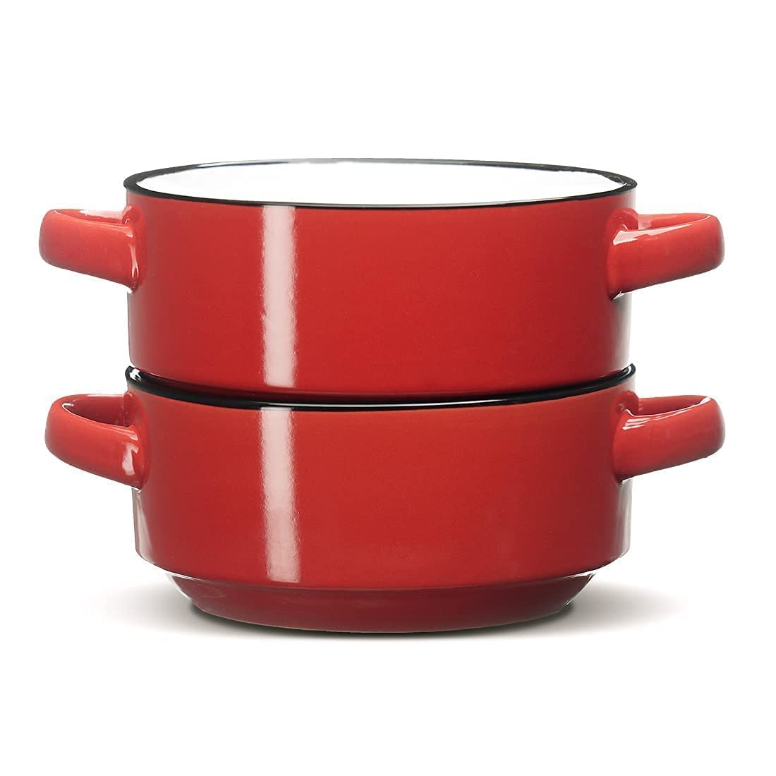 ECODECO Baking Serving Ceramic Red Soup Bowls with Handles - 16 Ounce - Set of 2 - Chowder Bisque Pot Pie Crocks