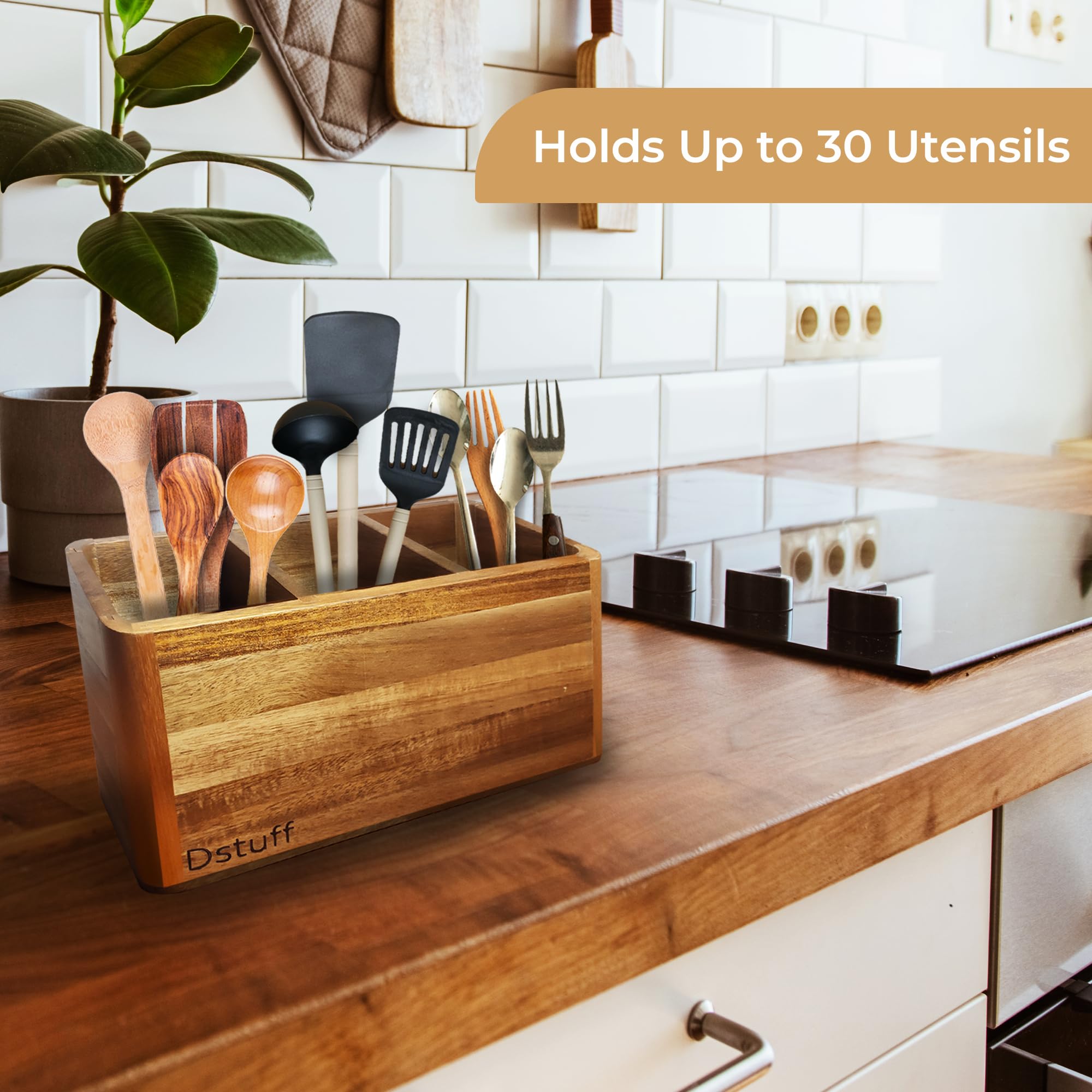 Dstuff Large Kitchen Utensil Holder Organizer for Counter or Countertop, Large Wooden Utensil Holder for Storage Cooking and Silverware with 3 Compartment, Acacia Rustic Wood Container Extra Large