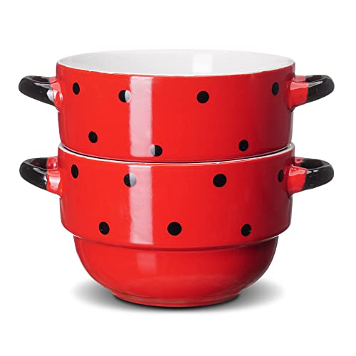 ECODECO Soup Bowls with Handles - Ceramic - Polka Dot Red - 16 Ounce - Set of 4 - French Onion Soup Crocks for Oven Baking