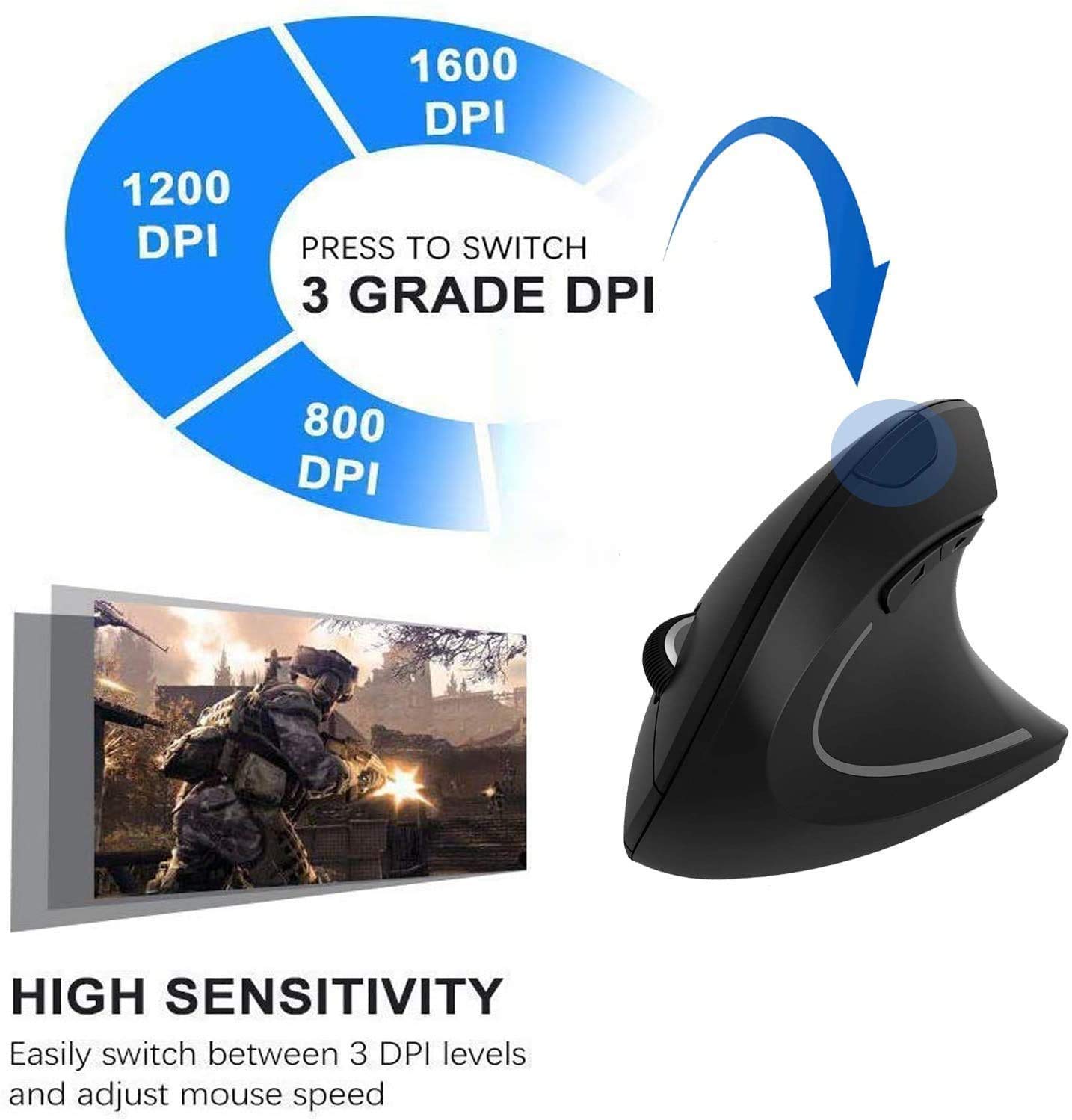 Ergonomic Mouse, Vertical Wireless Mouse - Rechargeable 2.4G Wireless Vertical Ergonomic Optical Mouse 3 Adjustable DPI 800/1200/1600 Levels 6 Buttons, for Laptop, Desktop, PC, MacBook (Black)