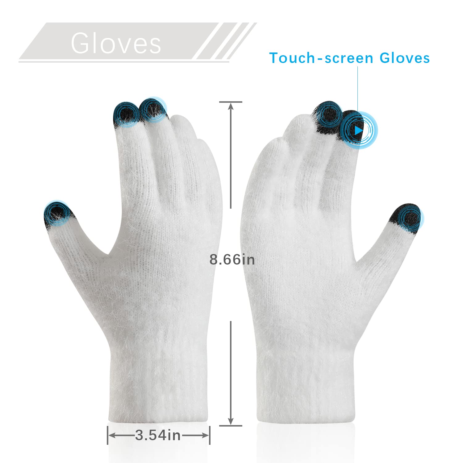 ecodudo Women Winter Beanie Hat Scarf Set Touch Screen Gloves Set with Pom for Women (White)