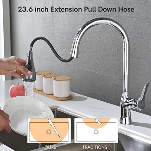 Fulgutonit Pull Out Kitchen Faucet, High Arc Single Handle Kitchen Sink Faucet with 3 Modes Pull Down Sprayer, Kitchen Sink Faucet for Bar Laundry RV Utility Sink, Chrome