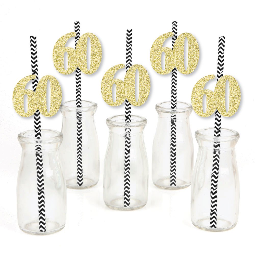 Gold Glitter 60 Party Straws - No-Mess Real Gold Glitter Cut-Out Numbers & Decorative 60th Birthday Party Paper Straws - Set of 24