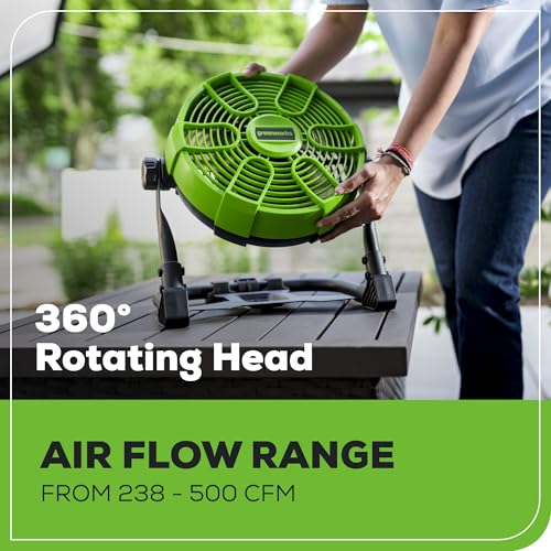 Greenworks 24V 10" (5-Speed) Fan (500 CFM), Hybrid (AC / DC), 2.0 Ah USB (Power Bank) Battery and Charger Included