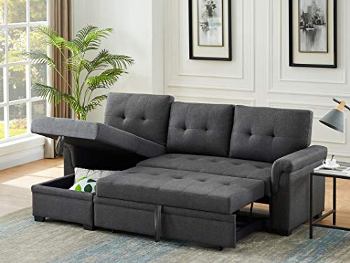 RITSU L-Shape Dark Gray Corner Couch with Storage Chaise, Linen Reversible Fabric Sleeper Sectional Sofa with Arms for Living Room, Apartment, Home Furniture, Dorm