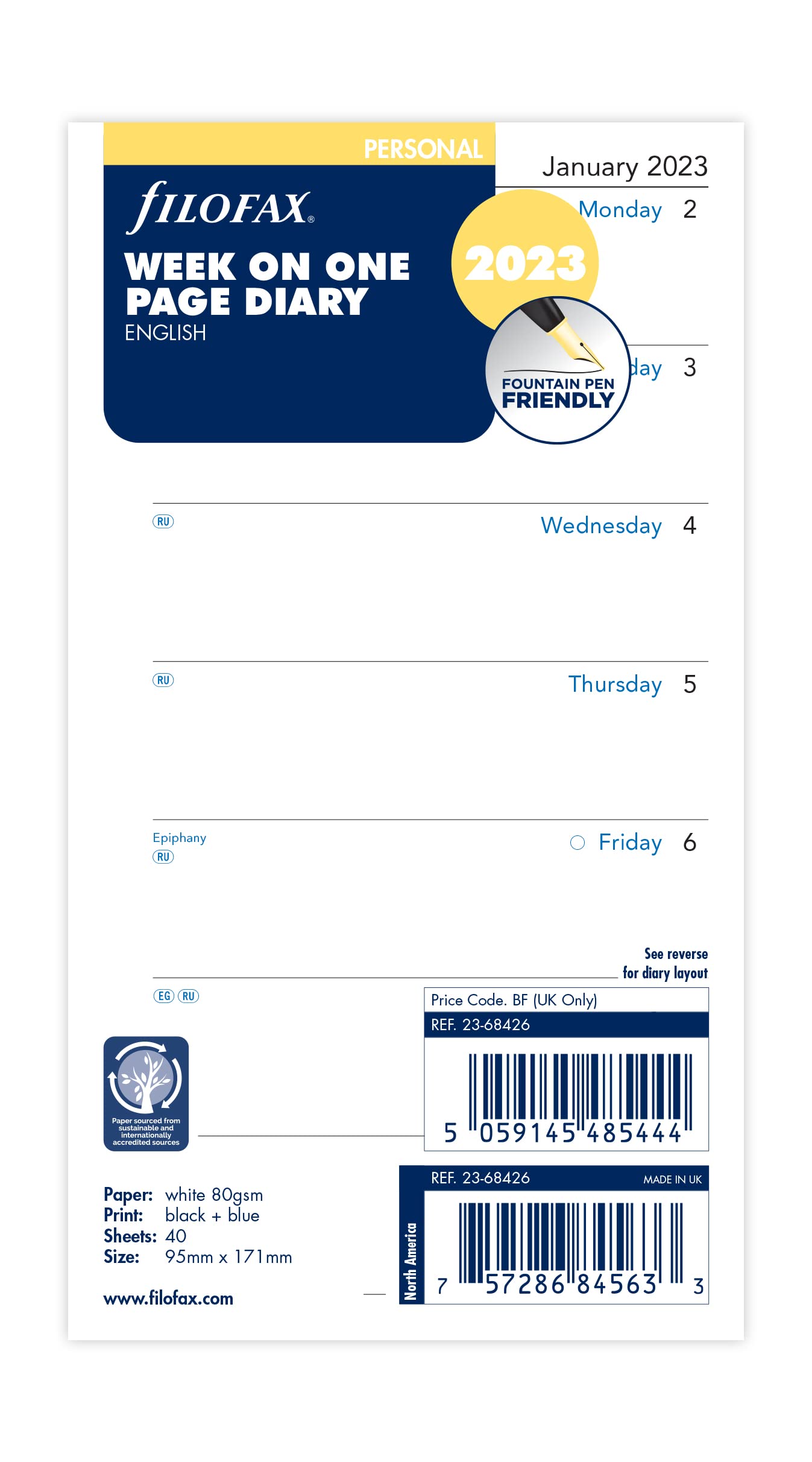 Filofax Personal Week per Page English 2023 Diary, White