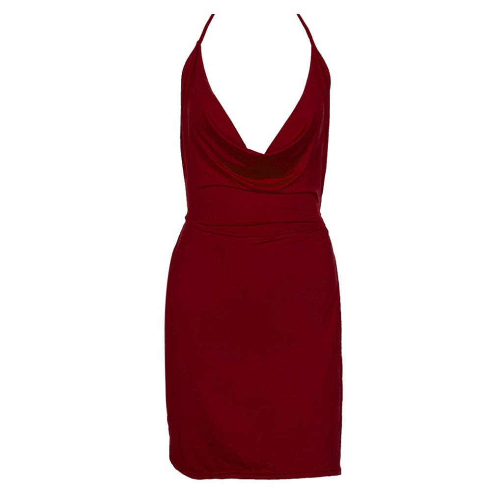 Deep V Neck Sling Dress for Women Sexy Backless Solid Tie Up Halter Dress Side Split Bar Dress Wine