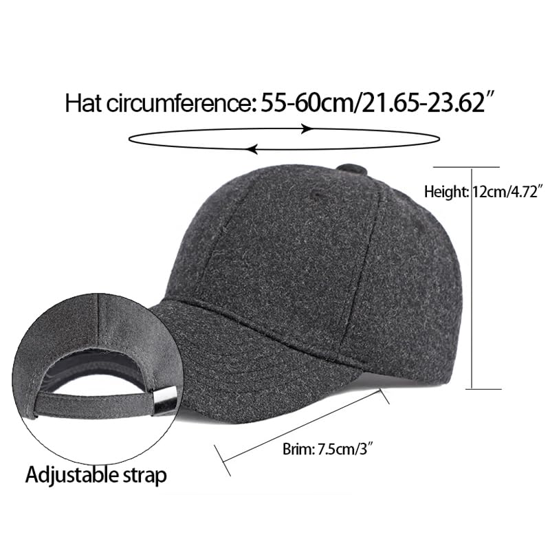 FGSS Mens Winter-Woolen Baseball-Cap with Earflaps - Adjustable Warm Dad Cap for Cold Weather (56-60CM) Black