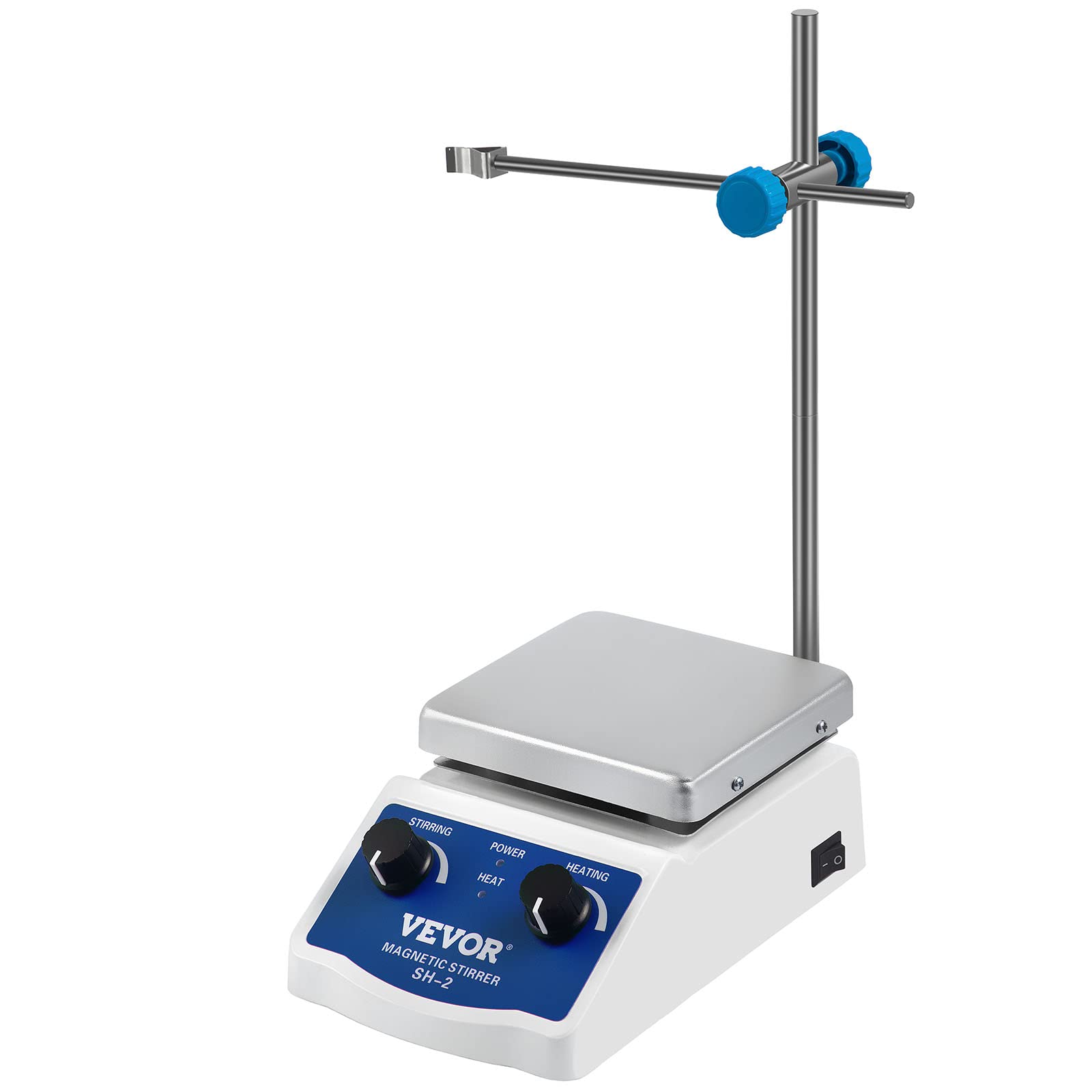 VEVOR SH-2 Magnetic Stirrer, 0-2000 RPM, 1000ml Mixing Capacity Laboratory Magnetic Stirrer Hotplate w/Stand, 180W Heating Power & 380°C Max Heating Temperature, for Lab Liquid Mixing Heating