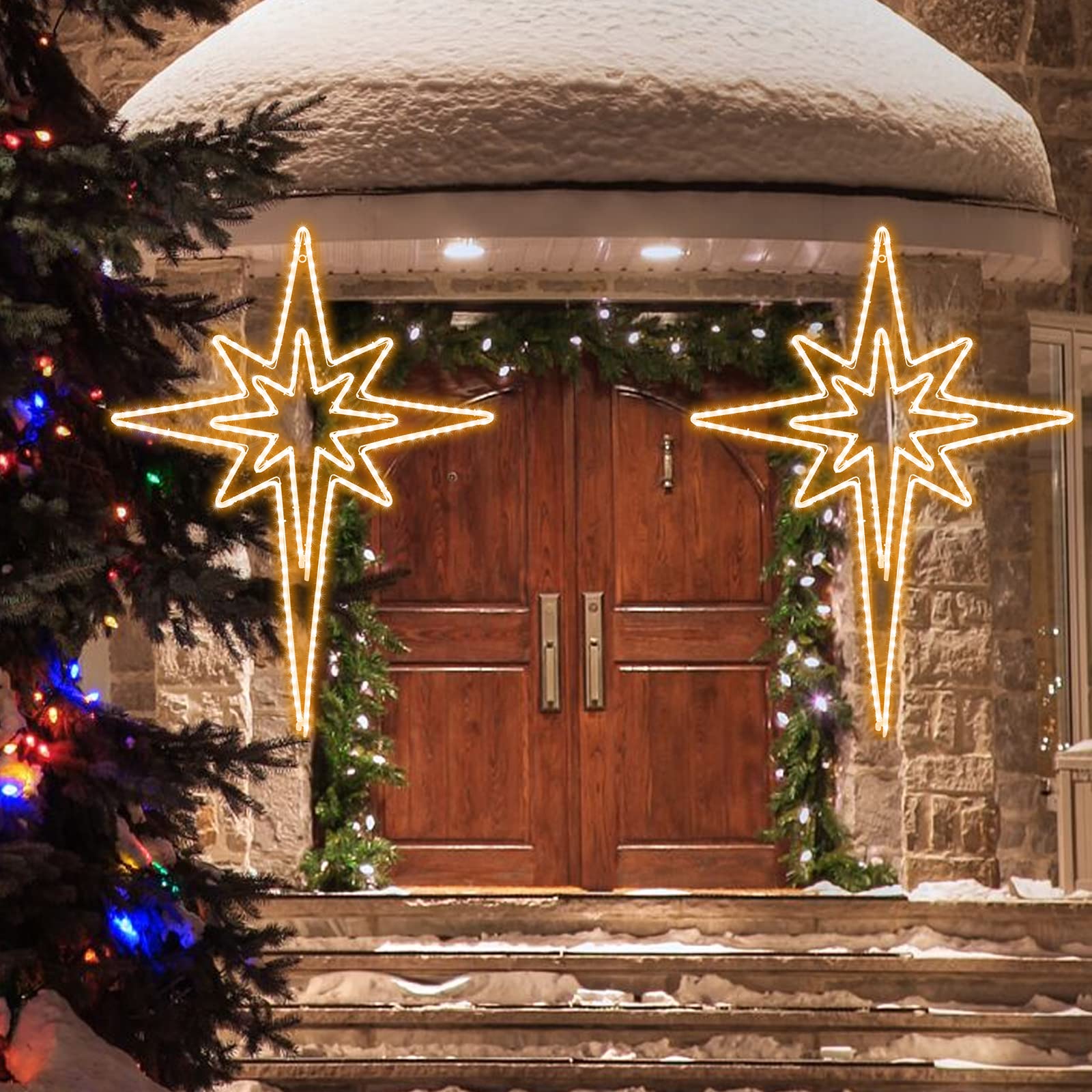 GLOWNOVA Large 43"x32" Twinkle Bethlehem Star Neon Motif Pre-lit 216 Super-Bright LED Outdoor Christmas Decoration with 11 Functions and Timer Waterproof for Outdoor Home Party Wall(Warm White)