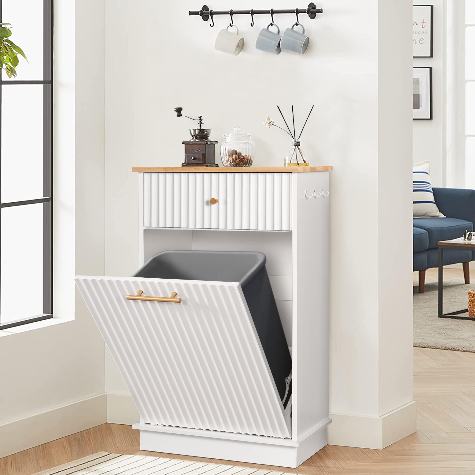 Jluomei Tilt Out Trash Can Cabinet 10 Gallon, Kitchen Hidden Trash Cabinet Garbage Can Cabinet with Drawers Pet Proof Garbage Cabinet Tilt Out Laundry Hamper Cabinet