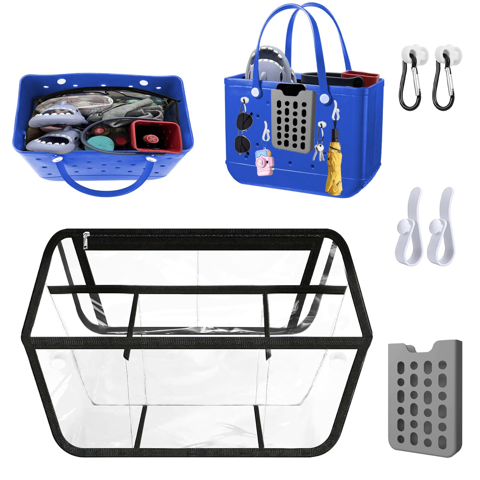 GYSYELL Clear Beach Bogg Bag Organizer and Silicone Cell Phone Holder Compatible with Bogg Bag X Large Size,Bogg Bag Accessories with Hooks,Organizing Your Bogg Bag and Divide Space(Black)