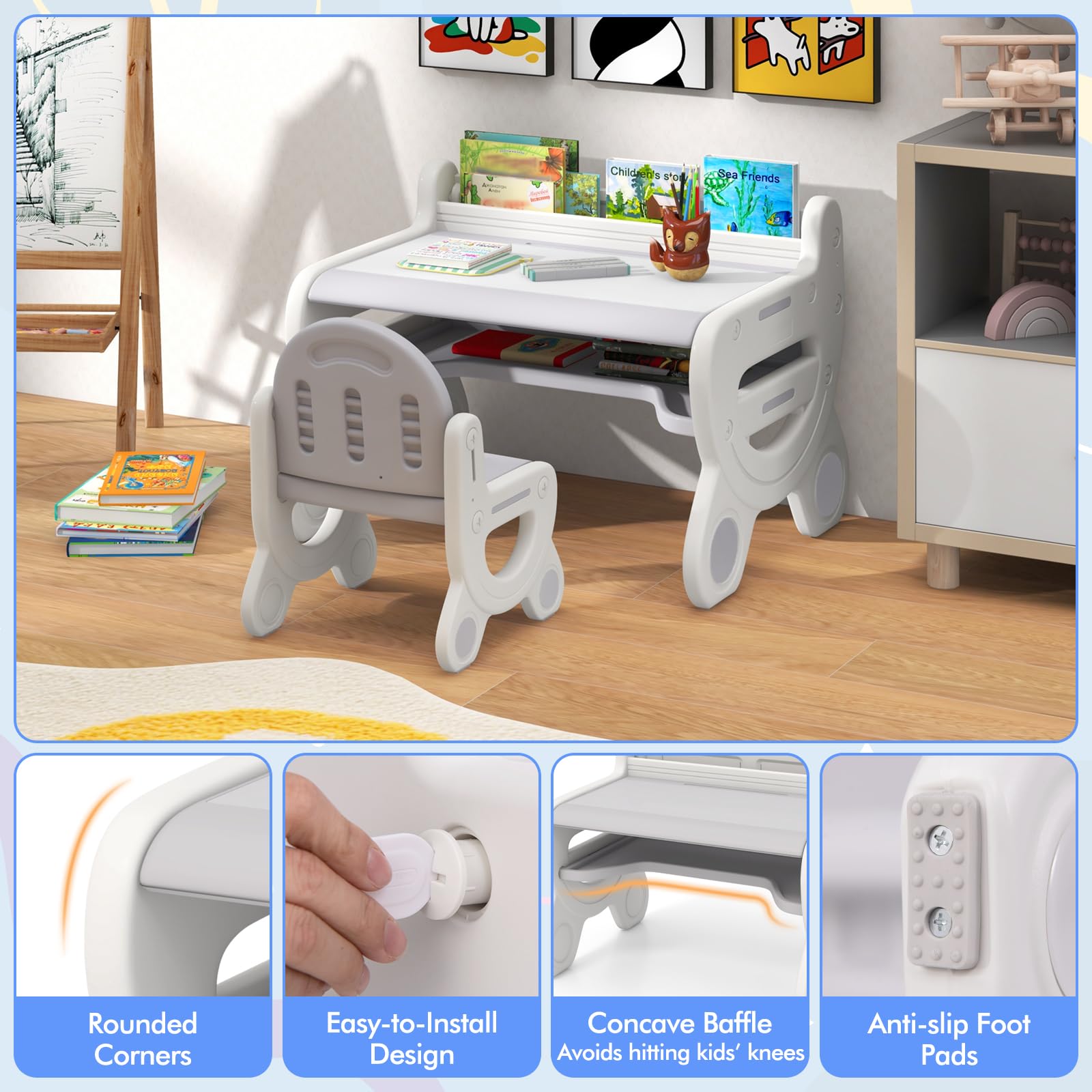 HONEY JOY Kids Table and Chair Set, Plastic Children Activity Table and Chair w/Graffiti Desktop, Storage, Markers & Eraser, Toddler Table and Chair Set for Daycare Playroom Classroom (Gray)