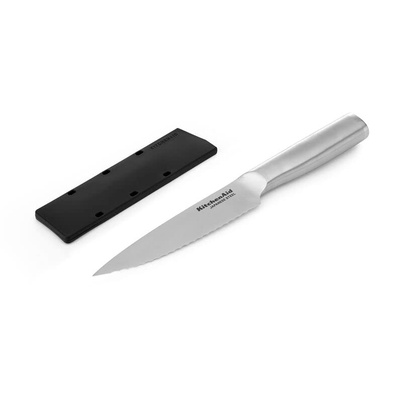 KitchenAid Gourmet Forged Stainless Steel Serrated Utility Knife with Custom-Fit Blade Cover, 5.5-inch, Sharp Kitchen Knife, High-Carbon Japanese Stainless Steel Blade, Brushed Stainless Steel Handle
