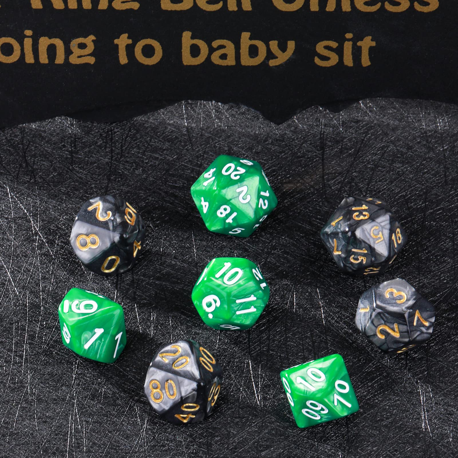 Grevosea 2 Set DND Dice, 14 Pieces Polyhedral Dice Set Table Game Dice with Drawstring Bags D4 D6 D8 D10 D% D12 D20 Multisided Dice for DND MTG RPG Role Playing Dice Games(Green, Black)