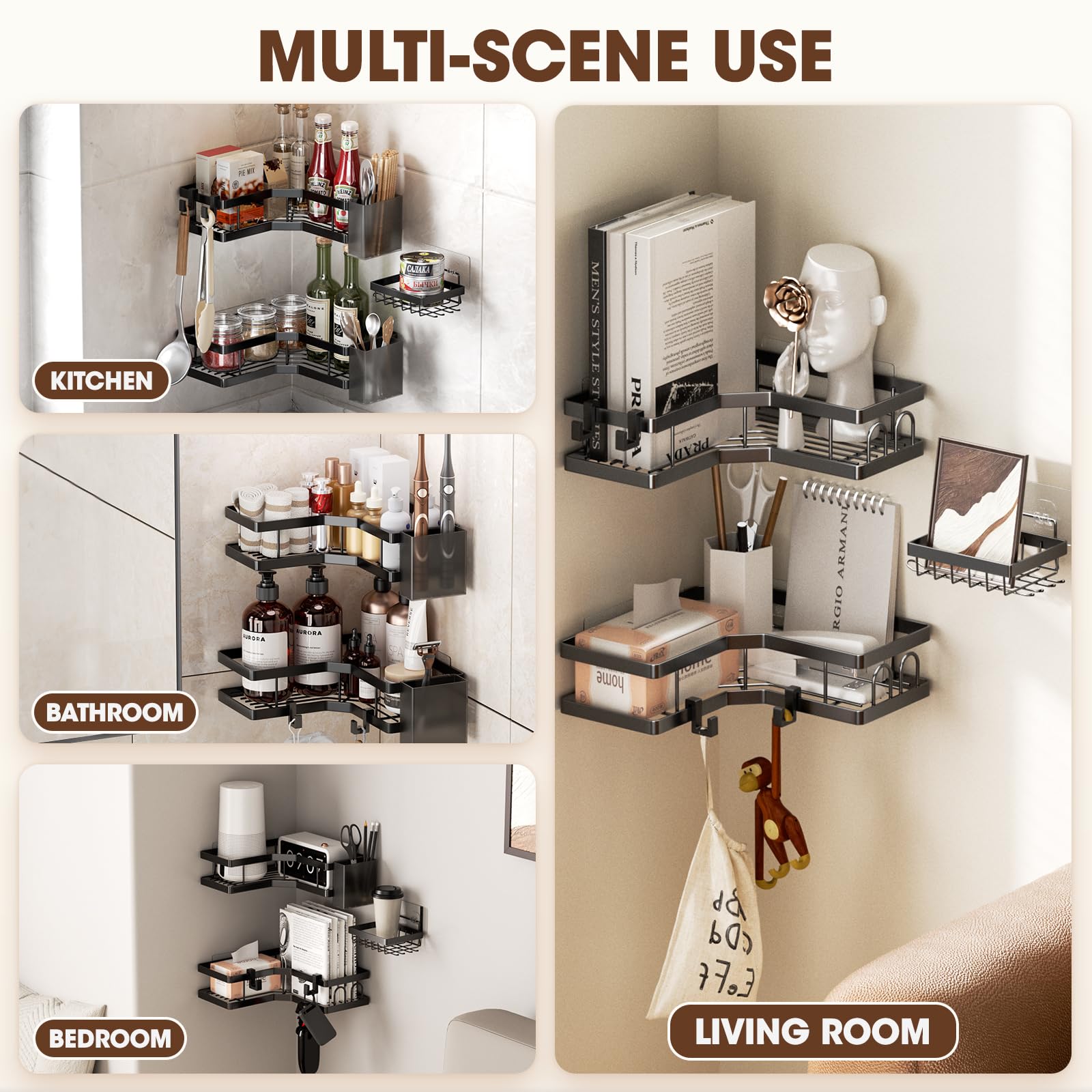 PLEDDANIO Adhesive Corner Shower Caddy - 3 Pack Shower Shelves with Soap Holder and 4 N-Shaped Hook, Stainless Steel Rustproof Bathroom Accessories Organizer, No Drilling Wall Mounted Rack