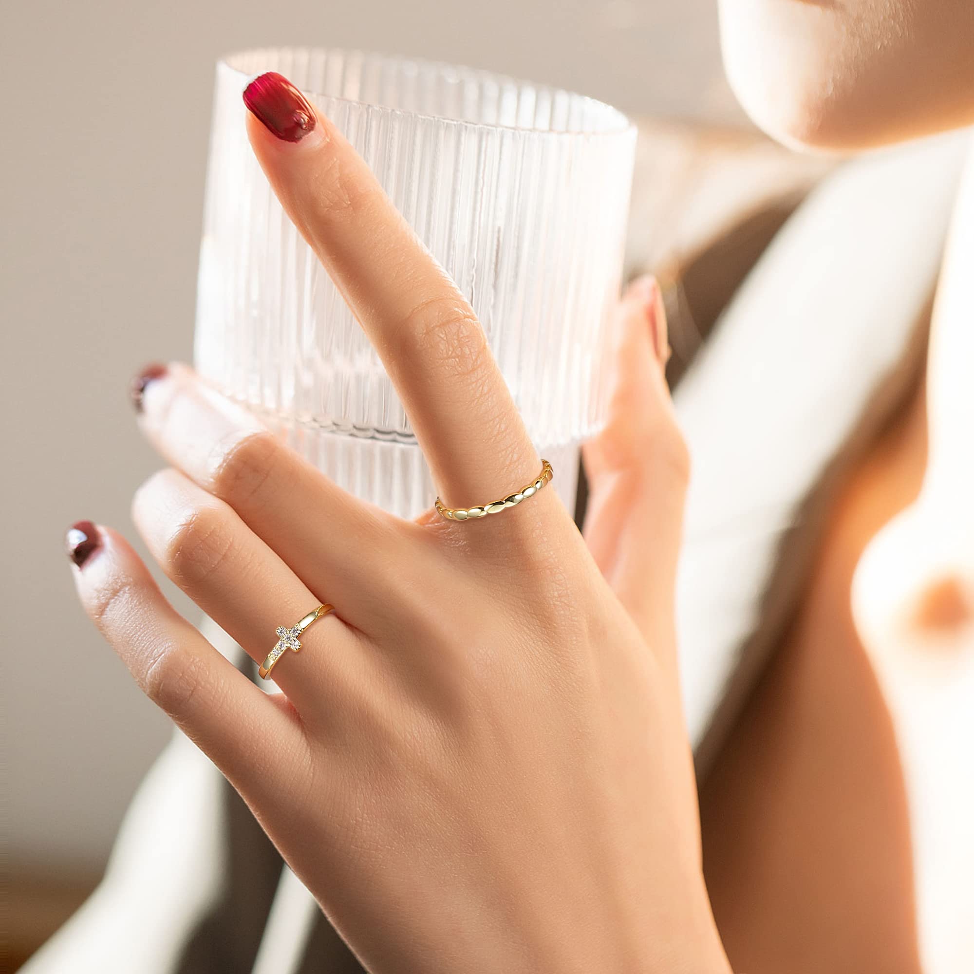 FIBO STEEL 10 Pcs 14K Gold Plated Stacking Rings Set for Women Dainty Minimalist Stackable Knuckle Rings CZ Flower Twist Cross Plain Band Ring Size 7