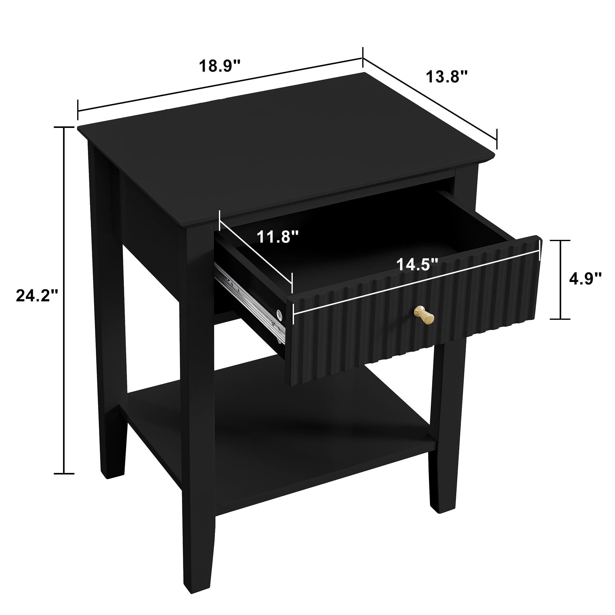 OCANDO Fluted Black Nightstand, 1 Drawer Bedroom 19β Night Stand, Small Bed Side End Table with Storage Shelf for Living Room, Sofa Couch