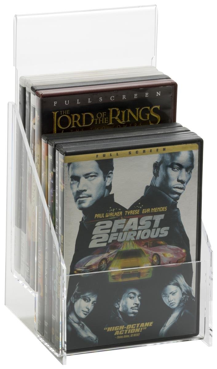 Displays2go 2-Tier DVD Racks for Tabletop Use Clear Acrylic Stands with Sign Holder, Set of 2