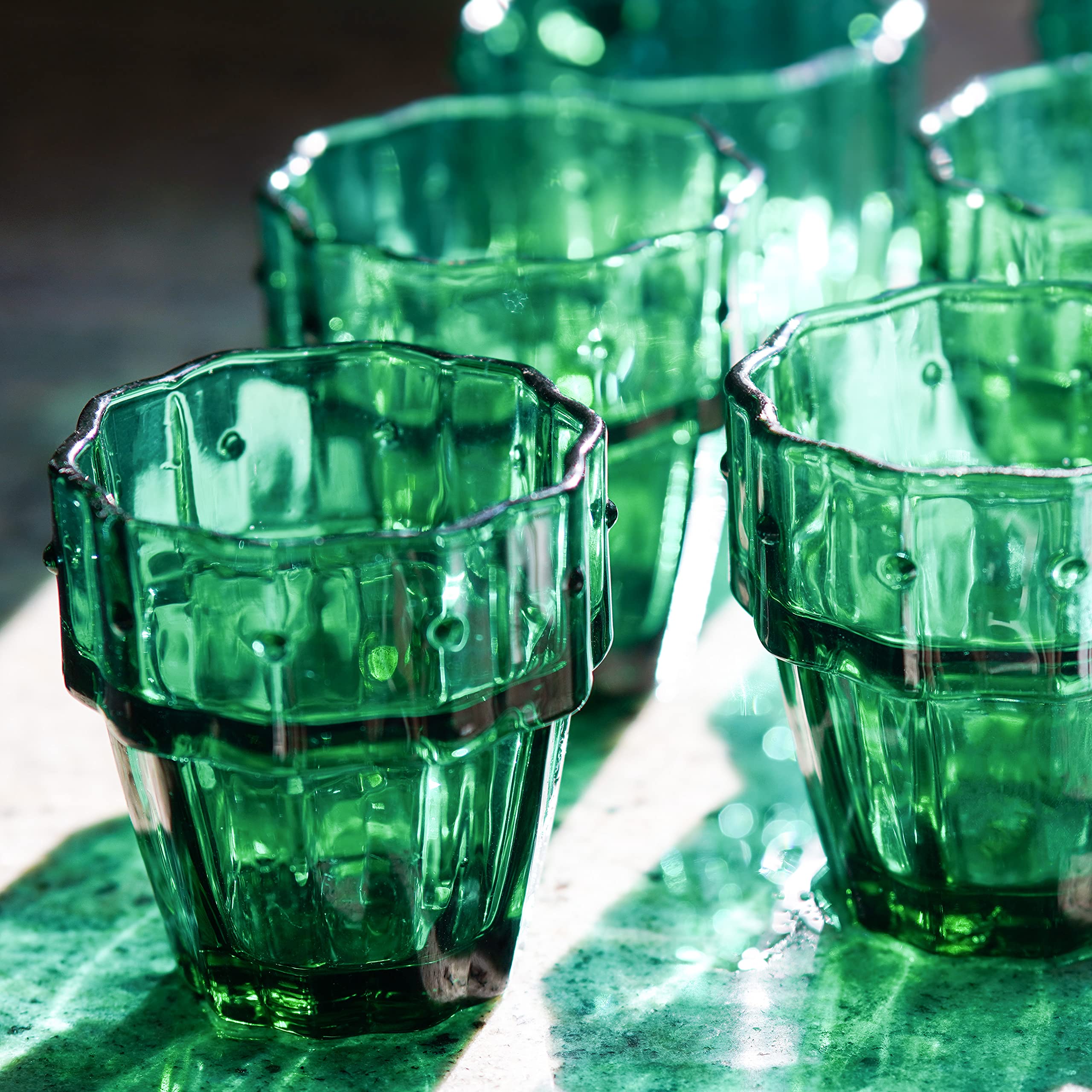 Gökotta Set of 6 | Stacking Cactus Drinking Glasses | Handmade Natural Green Glass | Retro Quirky Gift Present | Dinner Party Cocktail Water Juice Coffee Mugs Cups | 6PCS 250ml