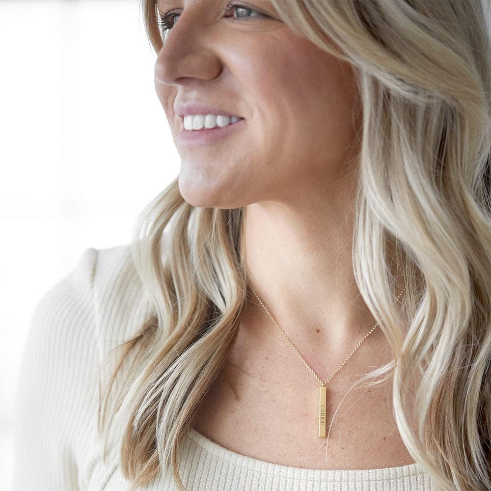 EVE'S ADDICTION Custom Engraved Gold Tone Vertical Name Bar Necklace, 16" Long Chain - Personalized Pillar Necklace - Family Necklace - Gift for Mom - Gifts for Mom
