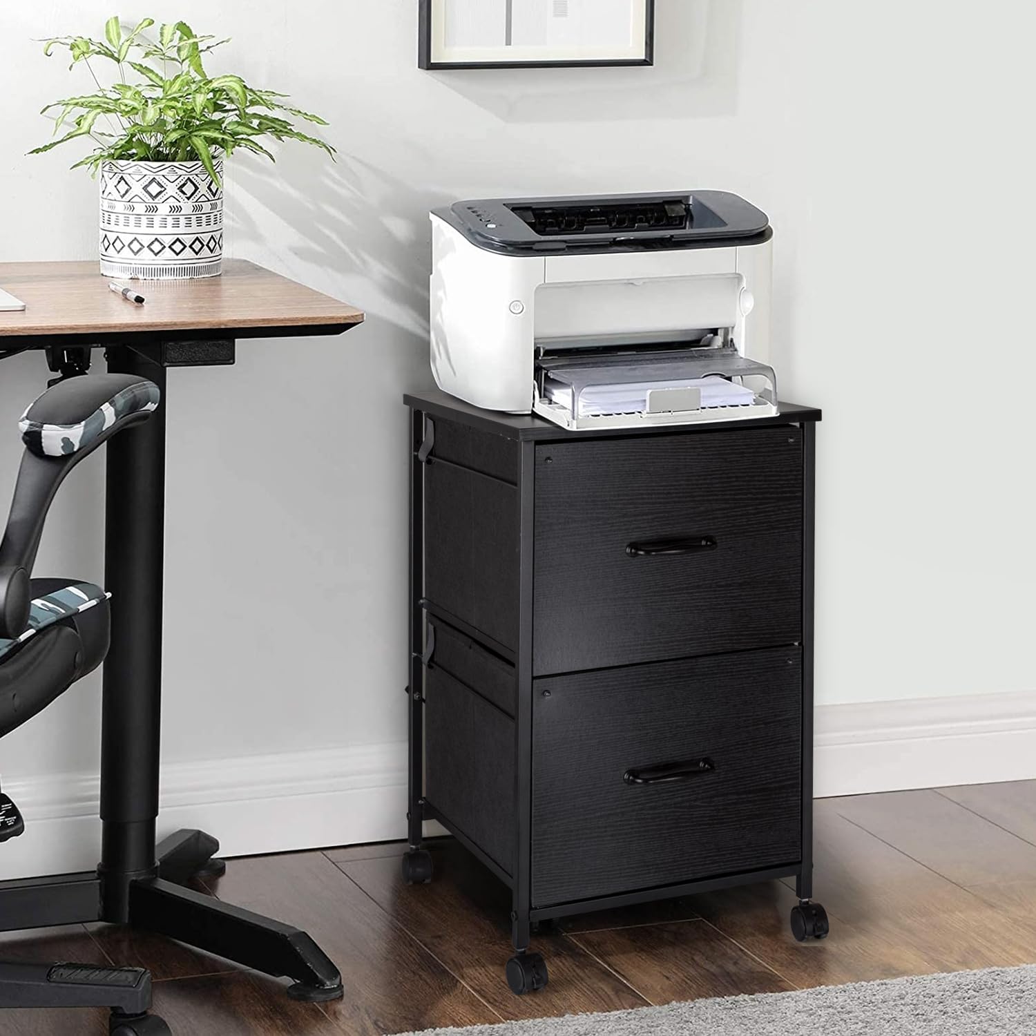 Finnhomy Mobile File Cabinet with 2 Drawers, Small Fabric Vertical Filing Cabinet with Wooden Board, Rolling Printer Stand fits A4 or Letter Size