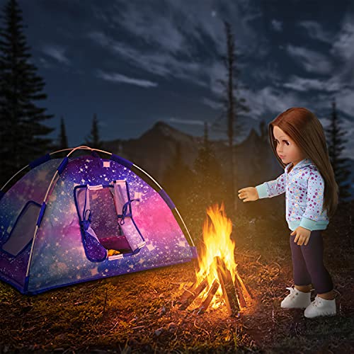 Ecore Fun 5 Items 18 inch Dolls Camping Tent Set and Accessories Including Girl Doll Tent, Sleeping Bag, Backpack, Toy Camera and Dog