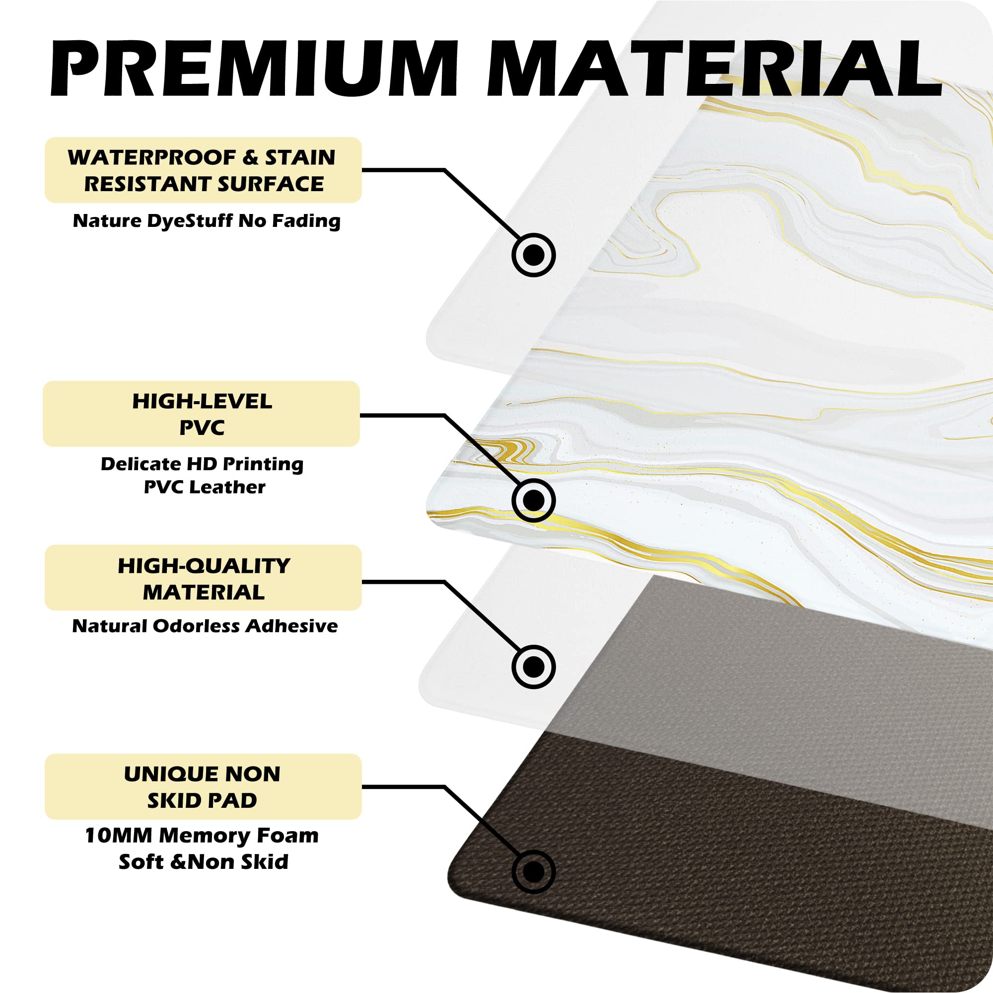 Gold and White Kitchen Rugs 2/5 Inch Thick Cushioned Anti Fatigue Marble Kitchen Mats 2 PCS Waterproof Non-Slip PVC Runner Rug Comfort Floor Mat for Kitchen Sink Laundry,17.3''x 28''+17.3'' x 47''