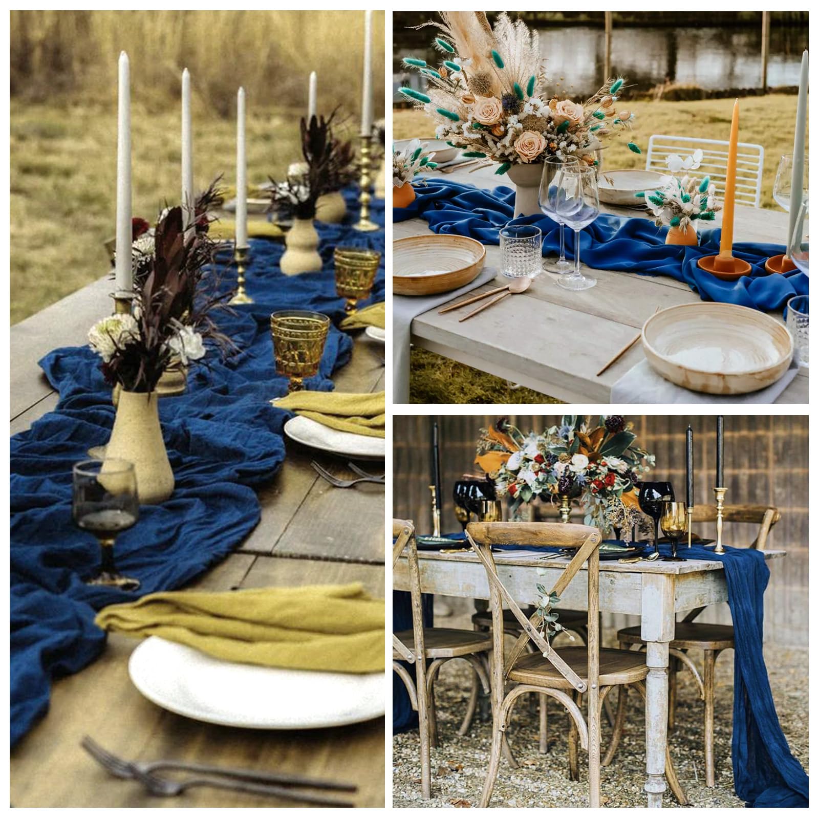 RestfulGlow 6 Pack Navy Blue Cheesecloth Table Runner 10FT Boho Gauze Fabric Table Runner 35 x 120 Inch Rustic Sheer Runner for Wedding Birthday Baby Shower Party Boho Table Decoration(Navy Blue)