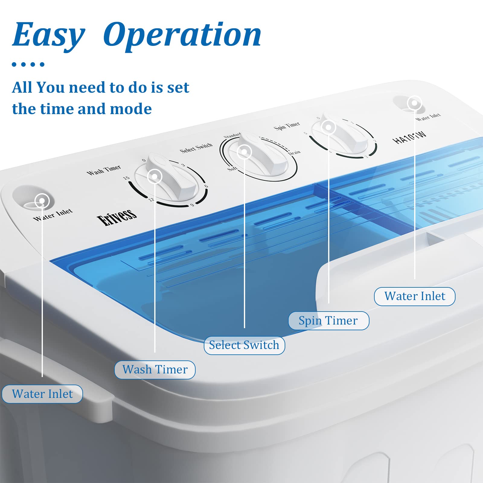 Erivess Portable Twin Tub 18lbs Washing Machine with Drying Rack, 11lbs Washer Mini Compact Laundry Machine with 7lbs Spinner, Semi-automatic Washer Combo for Dorms, Apartments