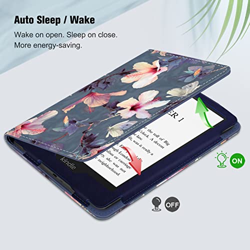 Fintie Folio Case for 6.8" Kindle Paperwhite (11th Generation-2021) and Kindle Paperwhite Signature Edition - Book Style Vegan Leather Shockproof Cover with Auto Sleep/Wake, Blooming Hibiscus