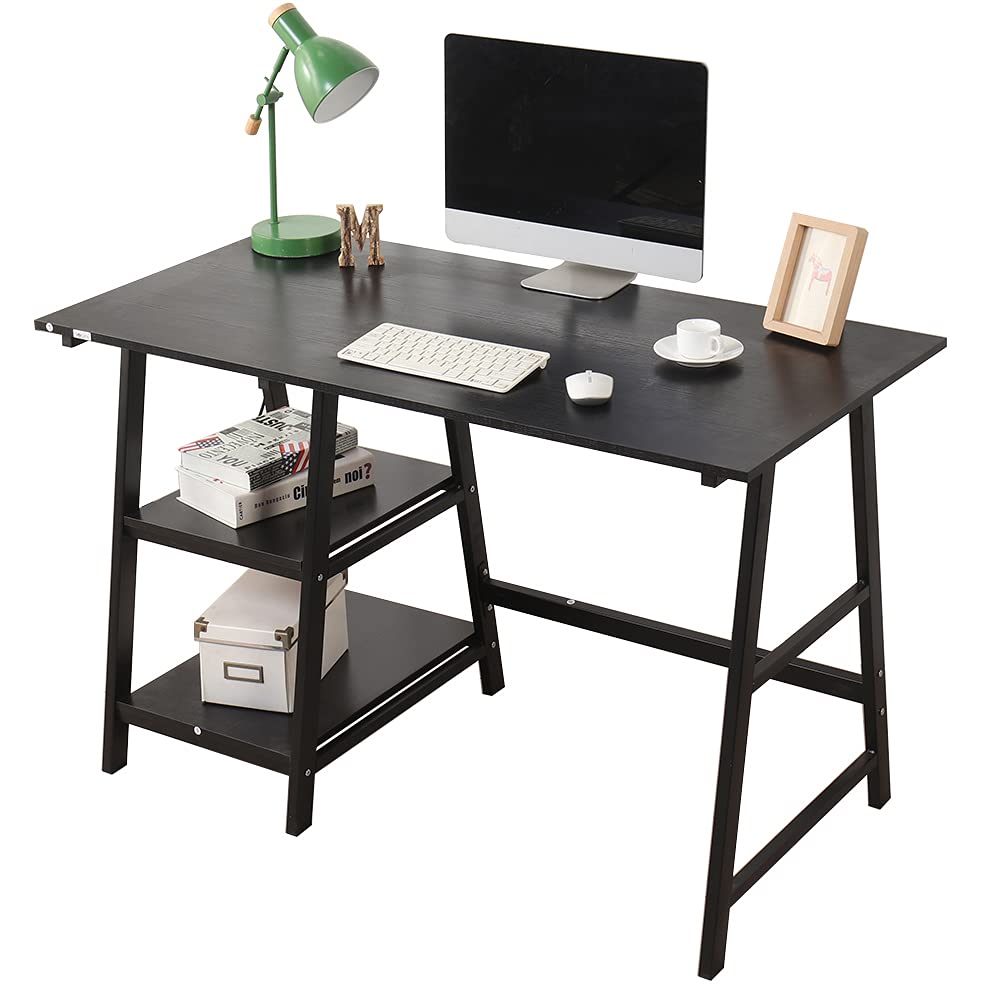 Trestle Desk with 2 Shelves, soges 47 inches Reversible Storage Desk with Racks, Home Office Computer Desk Organizer Workstation, Student Desk Wooden School Desk, Black
