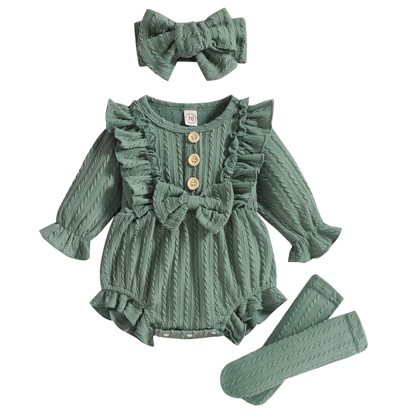 GRNSHTS Newborn Baby Girl Clothes Ruffle Solid Sweater Romper Long Sleeve Button Bodysuit+Hairband+Socks 3Pcs Fall Winter Outfits(Green,0-3 Months)