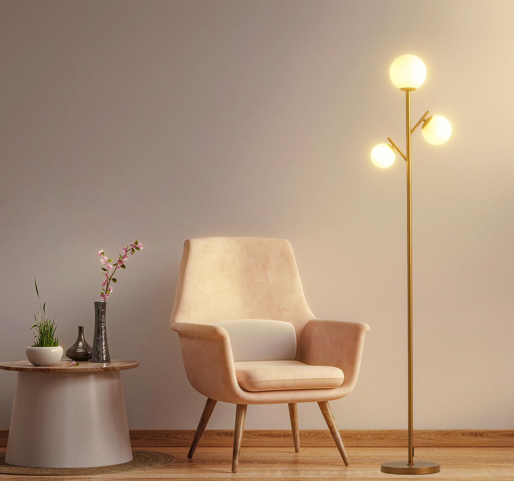 Fiqevs 3 Globe Gold Mid Century Floor Lamp, Modern Standing Lamp with Frosted Glass Shade & 3pcs Warm White LED Bulbs, Contemporary Tall Tree Lamp for Living Room, Bedroom - Antique Brass