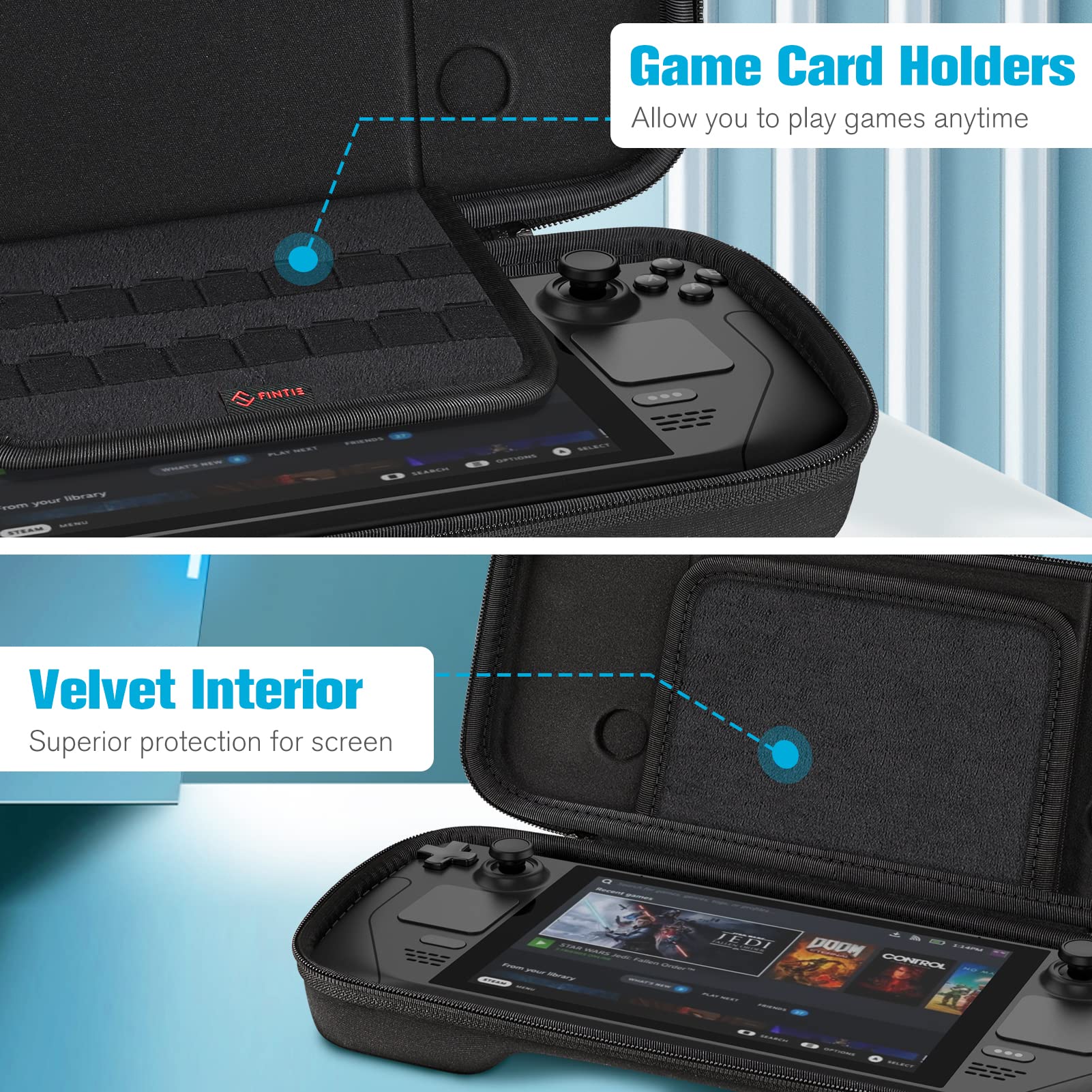 Fintie Slim Carrying Case for Steam Deck/ASUS ROG Ally 7" Gaming Handheld - [Slim Fit] Shockproof Protective Travel Storage Bag with 16 Game Cartridges (Black)