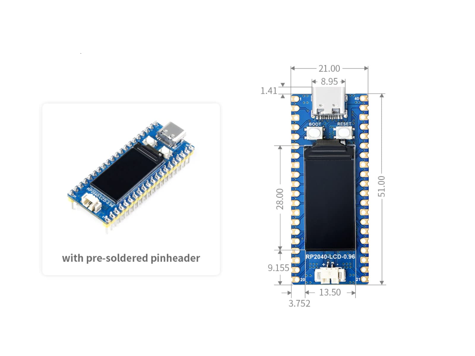 RP2040-LCD-0.96-M Mini Board High-Performance Pico-Like MCU Board with Pre-Soldered Header Based on Raspberry Pi Microcontroller RP2040,Onboard 0.96 inch LCD,USB-C Connector,Low-Cost